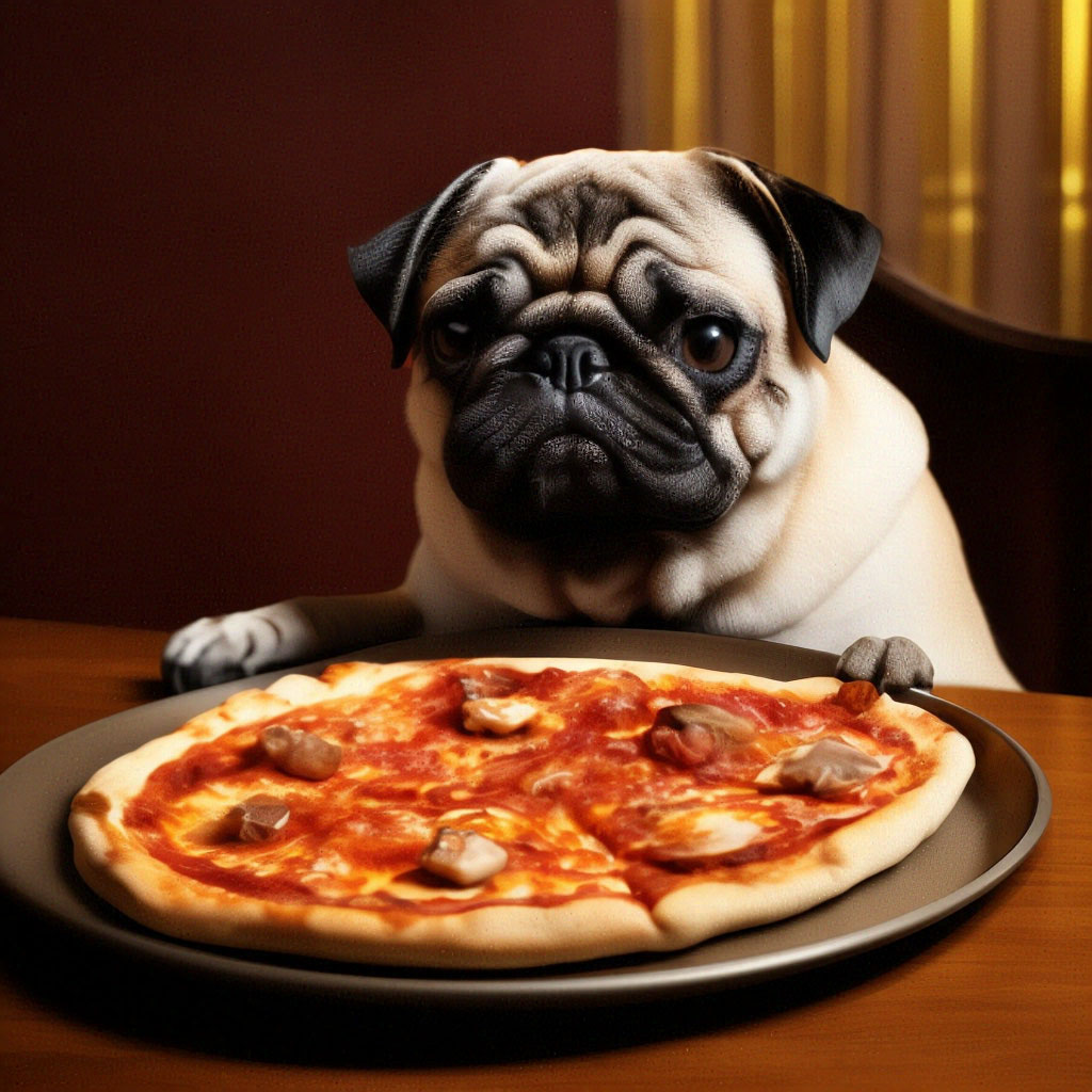 "Shiny pug eating pizza" — image created in Shedevrum