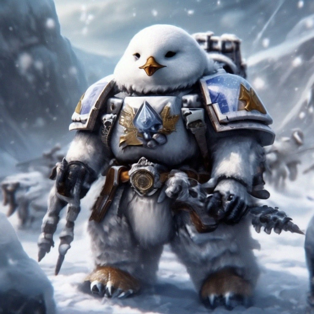 "Warhammer 40k, fluffy penguin on an ice floe, around snowflakes ...