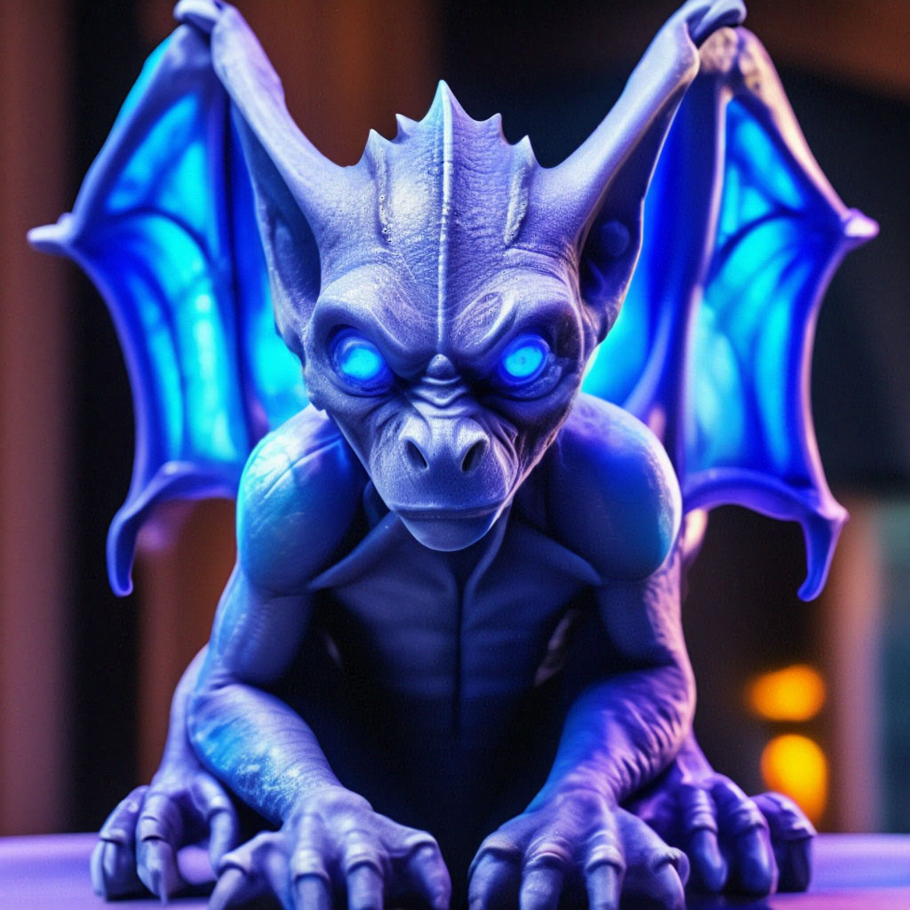 "Anthropomorphic animated gargoyle, phosphorus, backlight, neon, flame ...