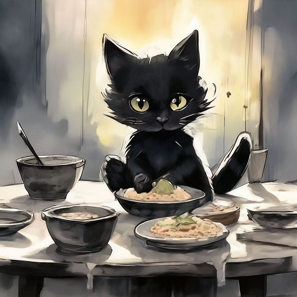 "A black cat is sitting at a table, eating dumplings with a fork, big ...
