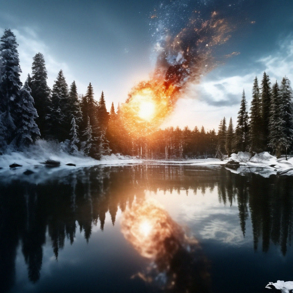 "A meteorite is flying, falling into a lake, forest, snow aesthetically ...