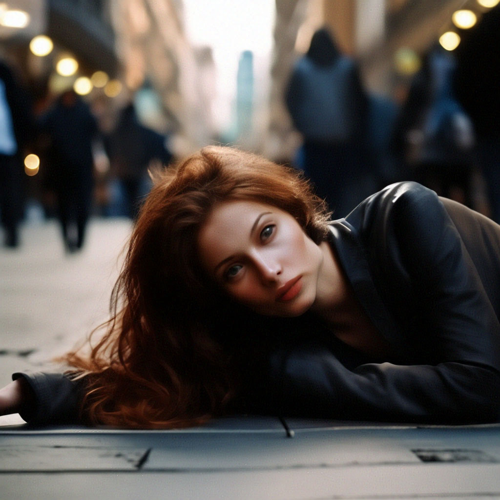 "Cinematic, portrait photography, beautiful woman laying in the street ...
