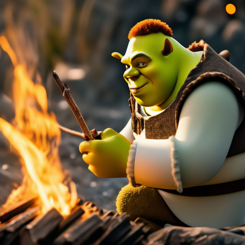 "Shrek lights a fire" — image created in Shedevrum