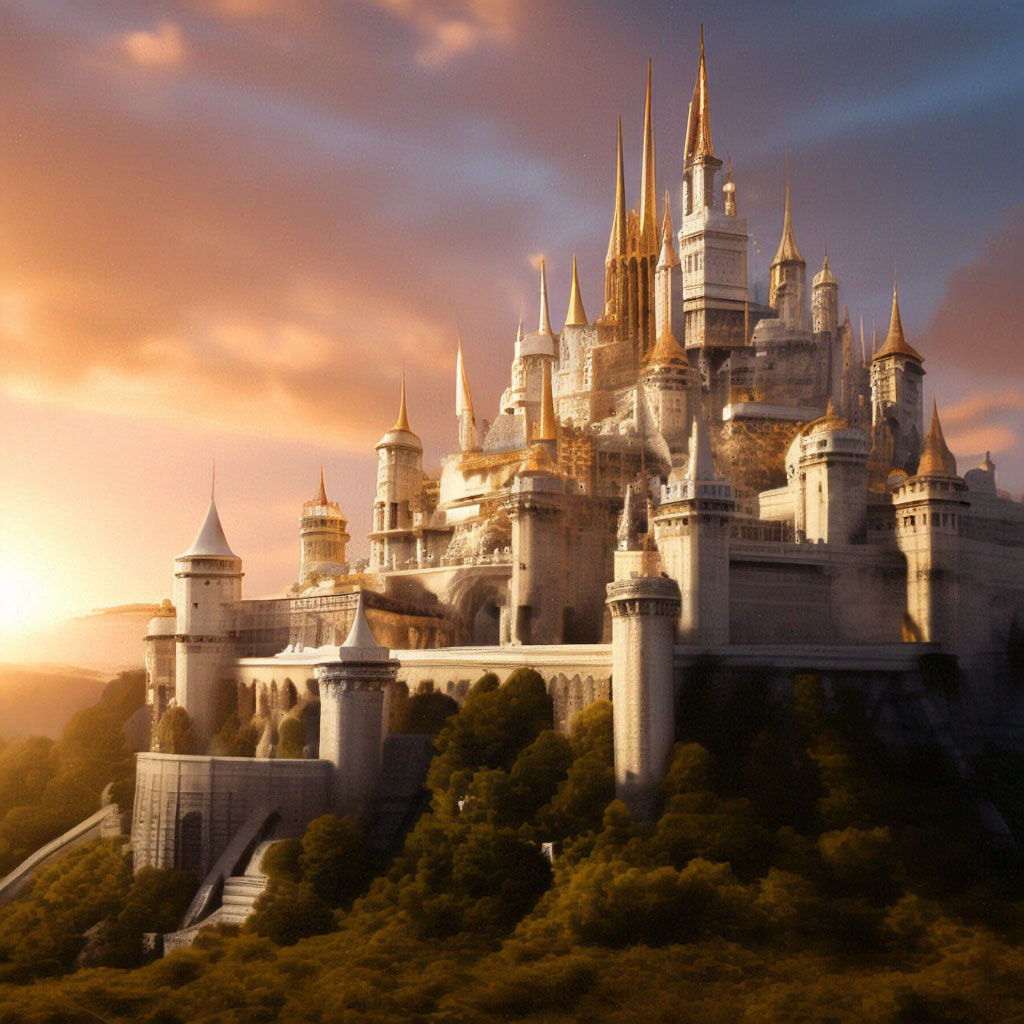 "A huge majestic fortress made of white marble. it is located on a ...