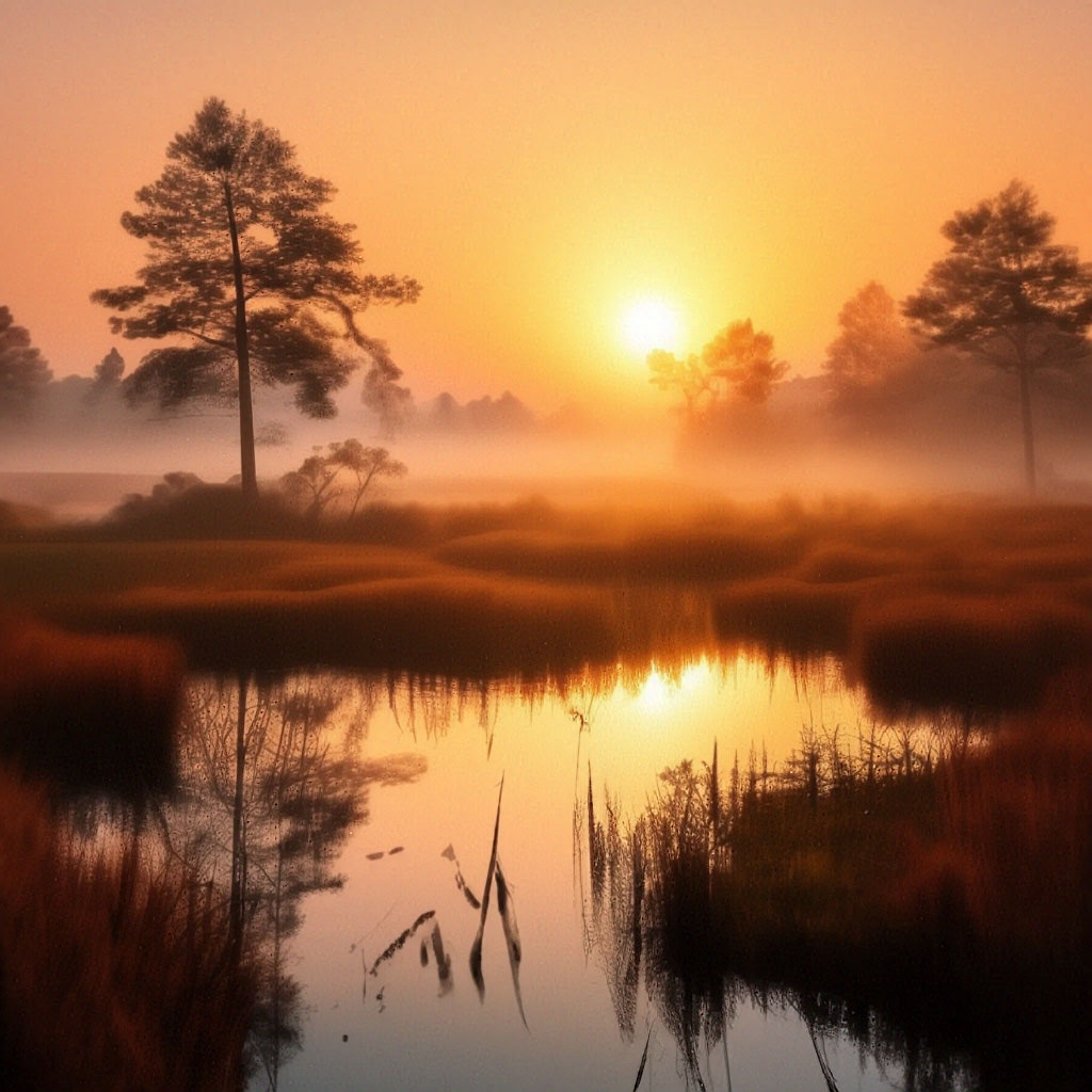 "Professional photo, morning, spring, fog, swamp, retro, UltraHD, close ...