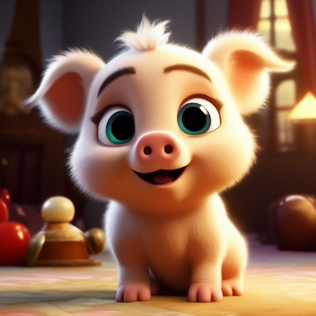 "Cute pig with big eyes, Disney style cartoon, Pixar style, Pixar and ...