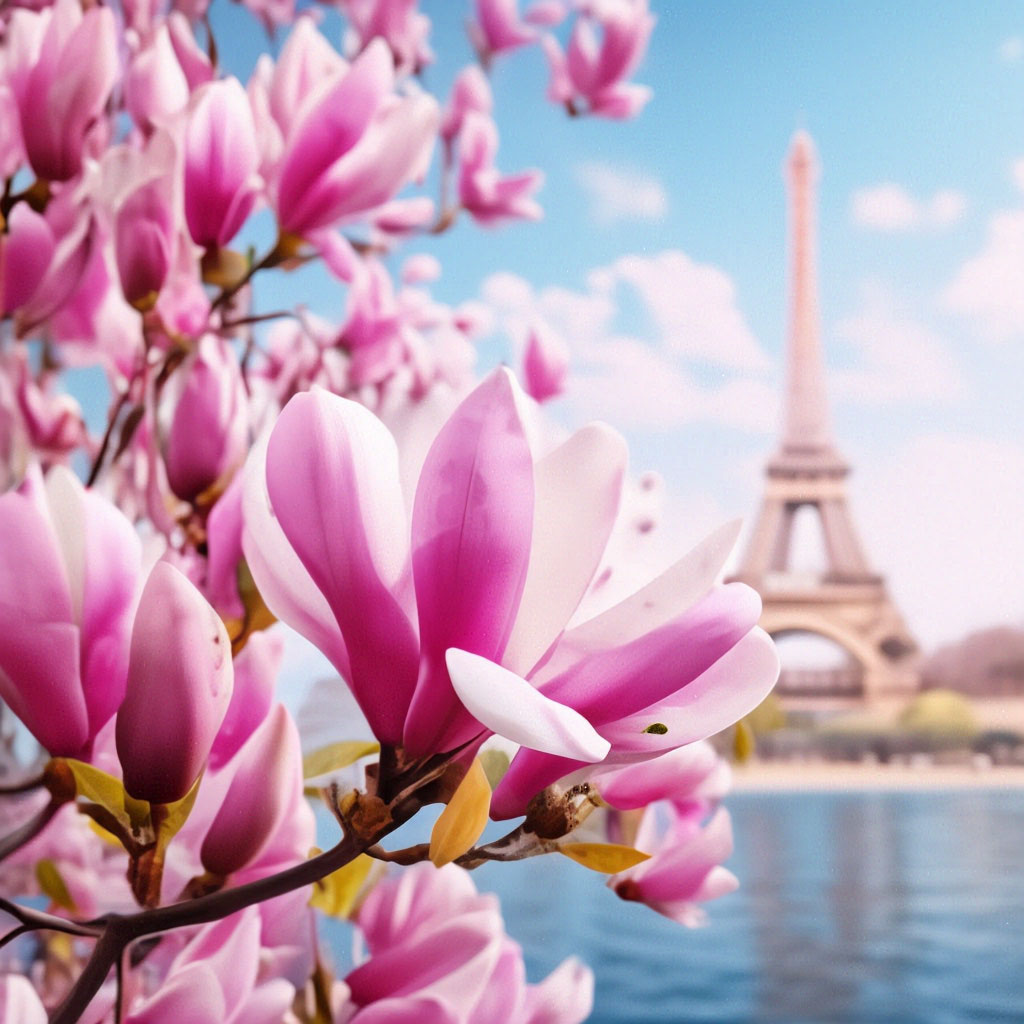"Magnolia, spring in Paris, blooming magnolias, magnolia branches ...