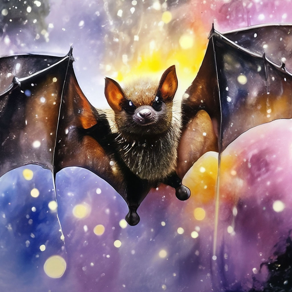 "The Flyer bat, glitter, fantasy, sitting, watercolor, detailed drawing ...