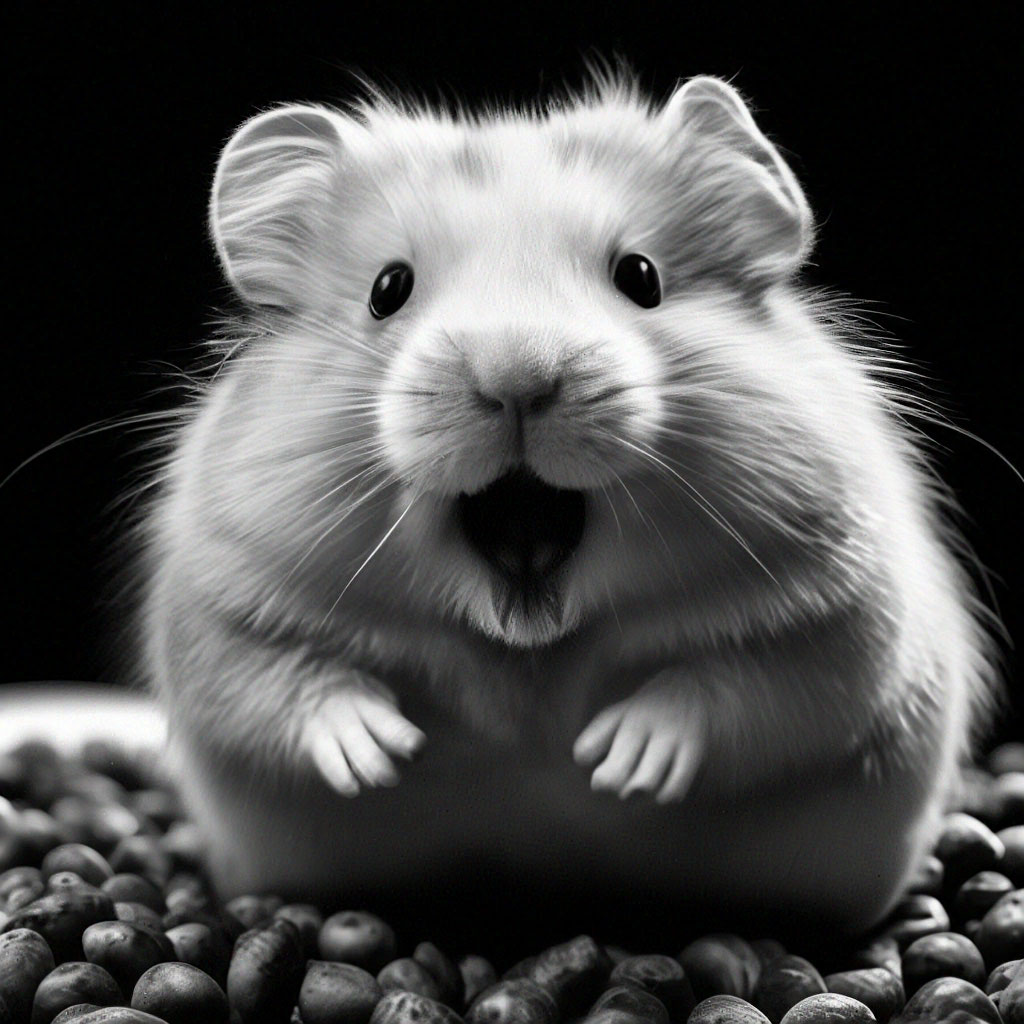"Portrait of a hamster in the cheeks of a feed, in black and white ...