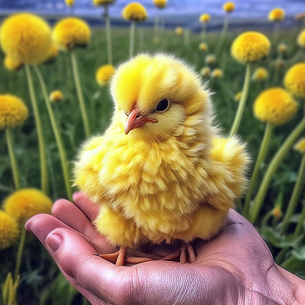 "Fluffy yellow chicken sitting in his hands, hyper detail, very fluffy ...