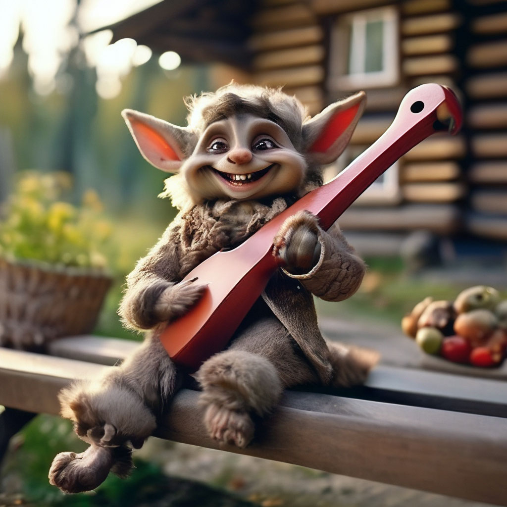 a cheerful babaika with a balalaika, a symbiosis of a brownie and a ...