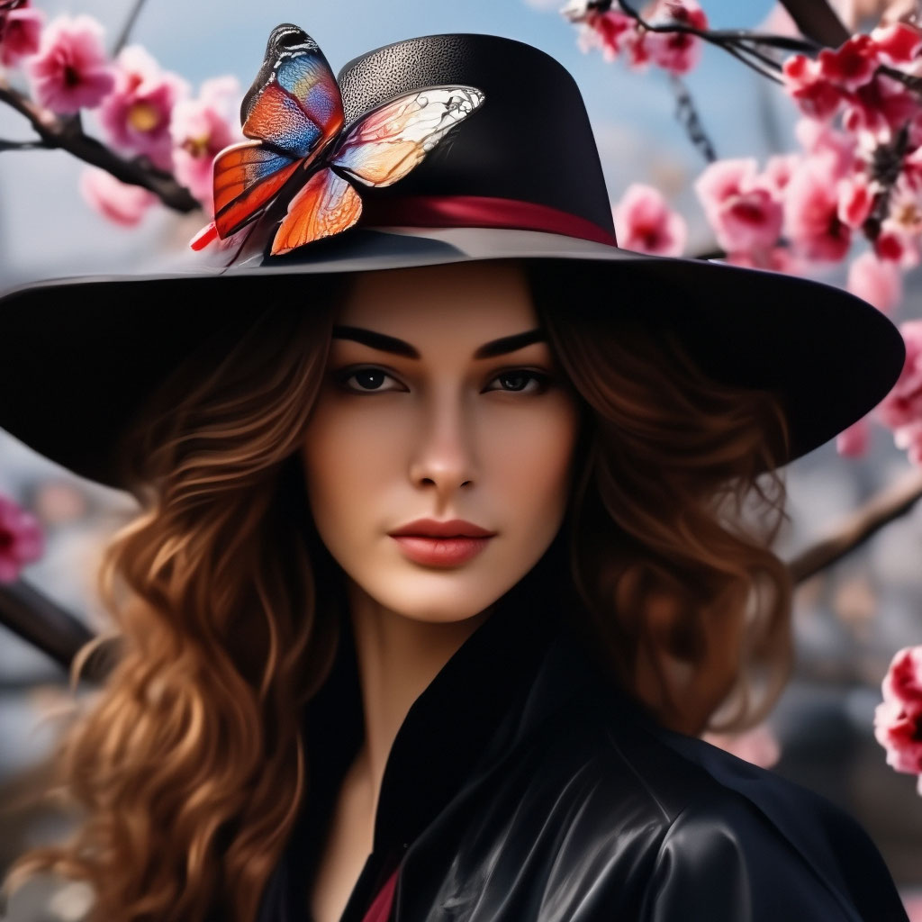 "Madame in a hat, anthropomorphic multicolored butterfly, clear details ...