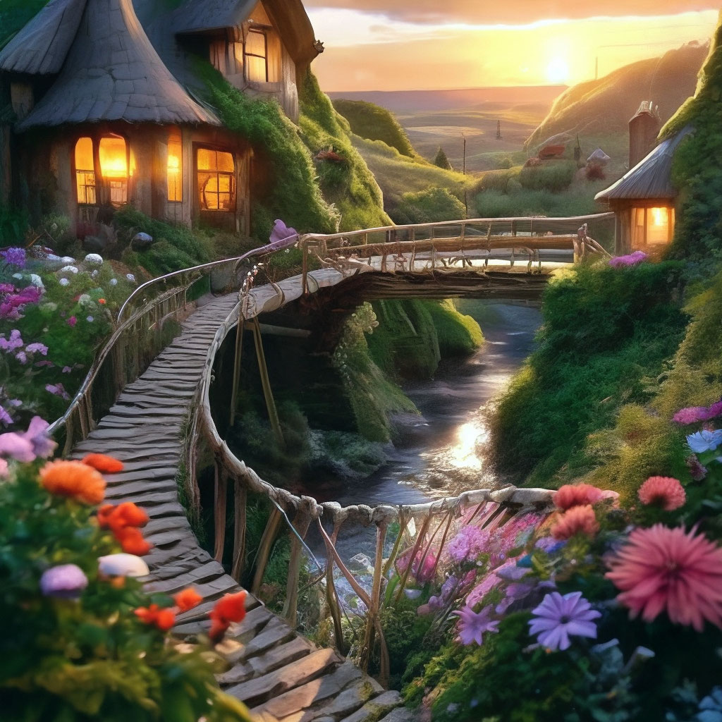 "🎭🎭🎭 composition hobbit village +sunset+suspension bridge on ropes ...