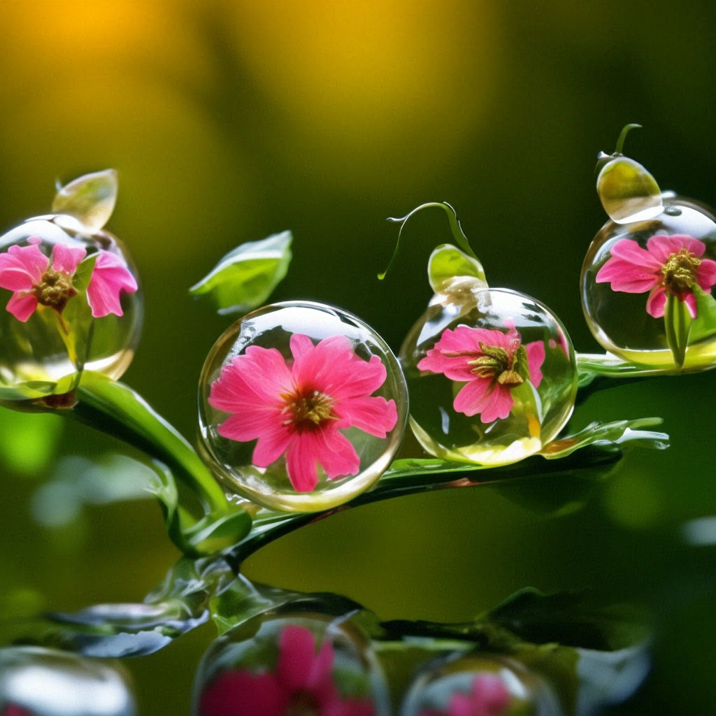 "A flower inside a glass ball. Five glass balls with flowers inside ...