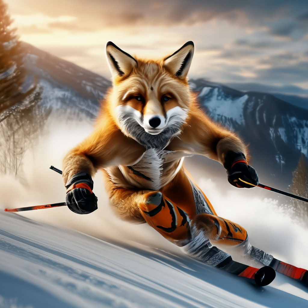 "The fox is skiing down the mountain. Slalom. speed. snow , beautiful ...