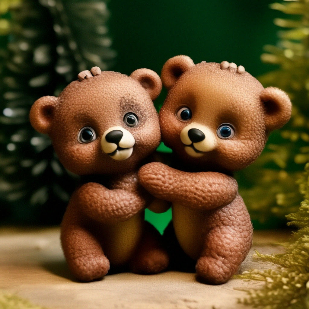 "Super detailed, realistic, miniature 2 baby bears hugging, big huge ...
