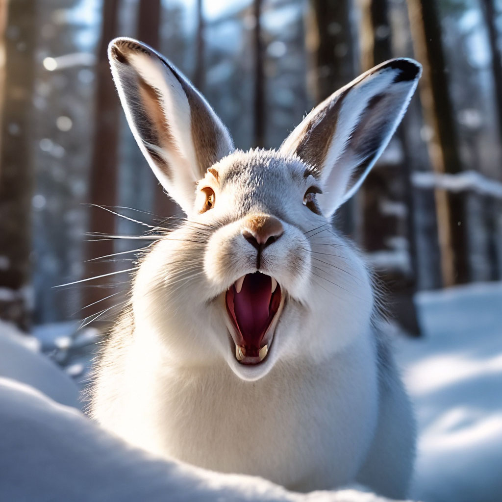 "A white fluffy eared hare smiles from the top of his mouth, showing ...