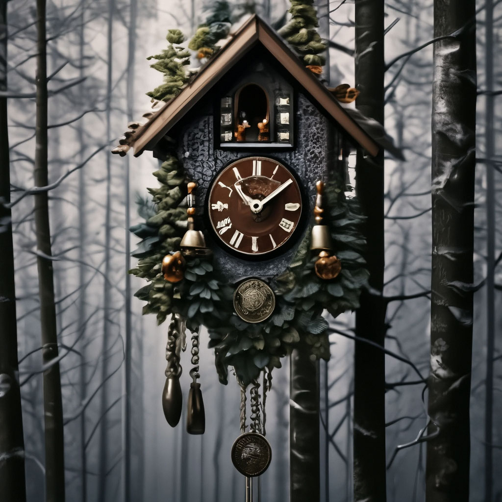 "In the black and gray forest, a round-shaped cuckoo clock, chains and ...
