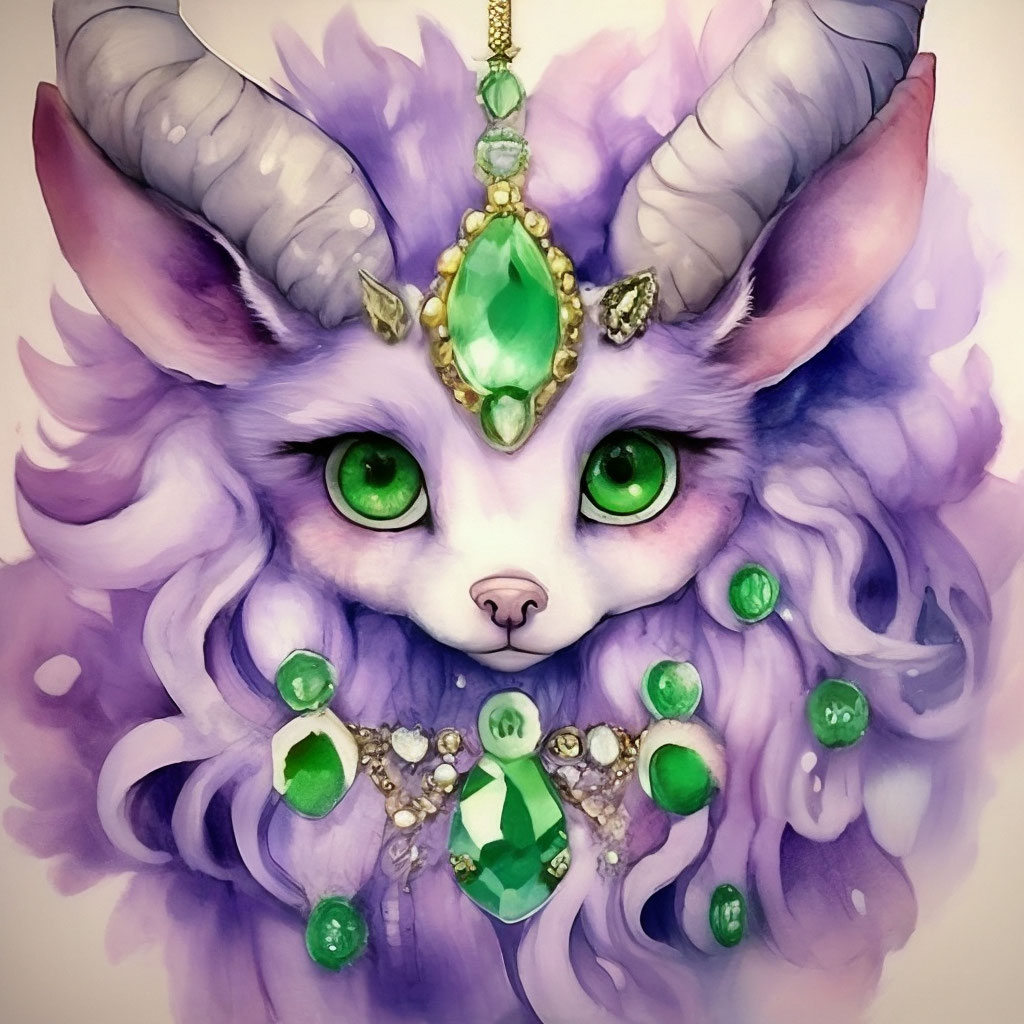 "Watercolor beautiful lilac fluffy creature with a horn 'huge green ...