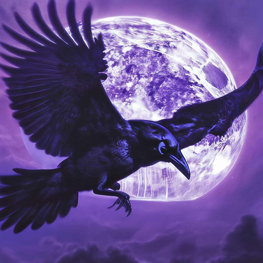 "A raven is flying against the background of a huge full purple moon ...