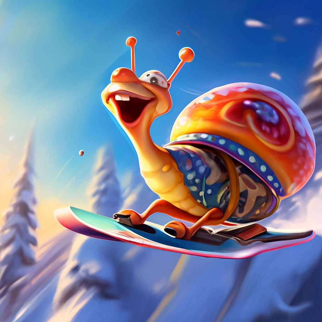 "I'm free! - the snail screamed, flying up in a ski jump on a snowboard ...