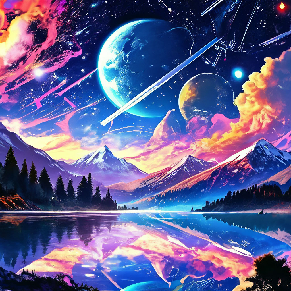 "Epic landscape mountains, planets, lake, bright colors, airy,wind ...