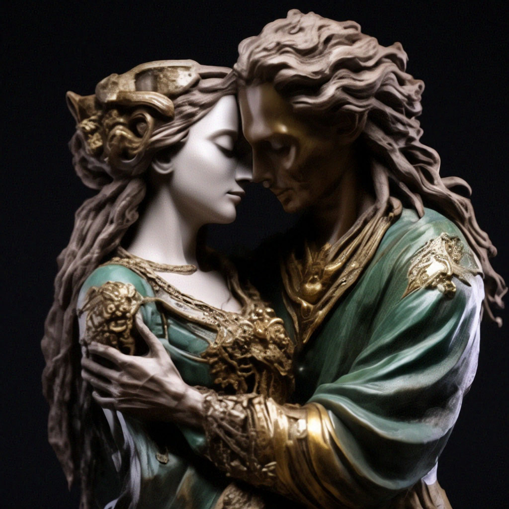 "The embrace of two figures in love in the style of Luo Li Rong, an ...