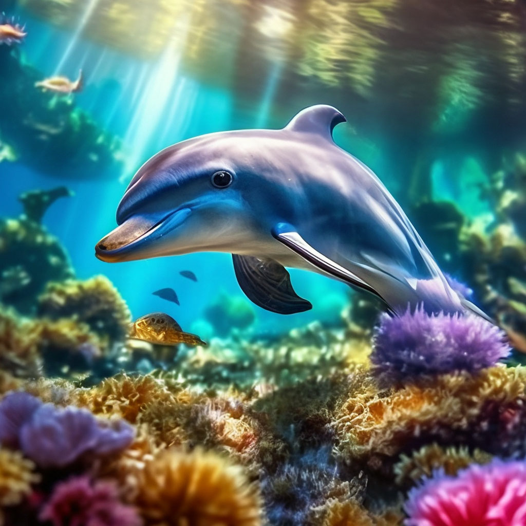 "Beautiful baby dolphin with water in the sea ,underwater world algae ...