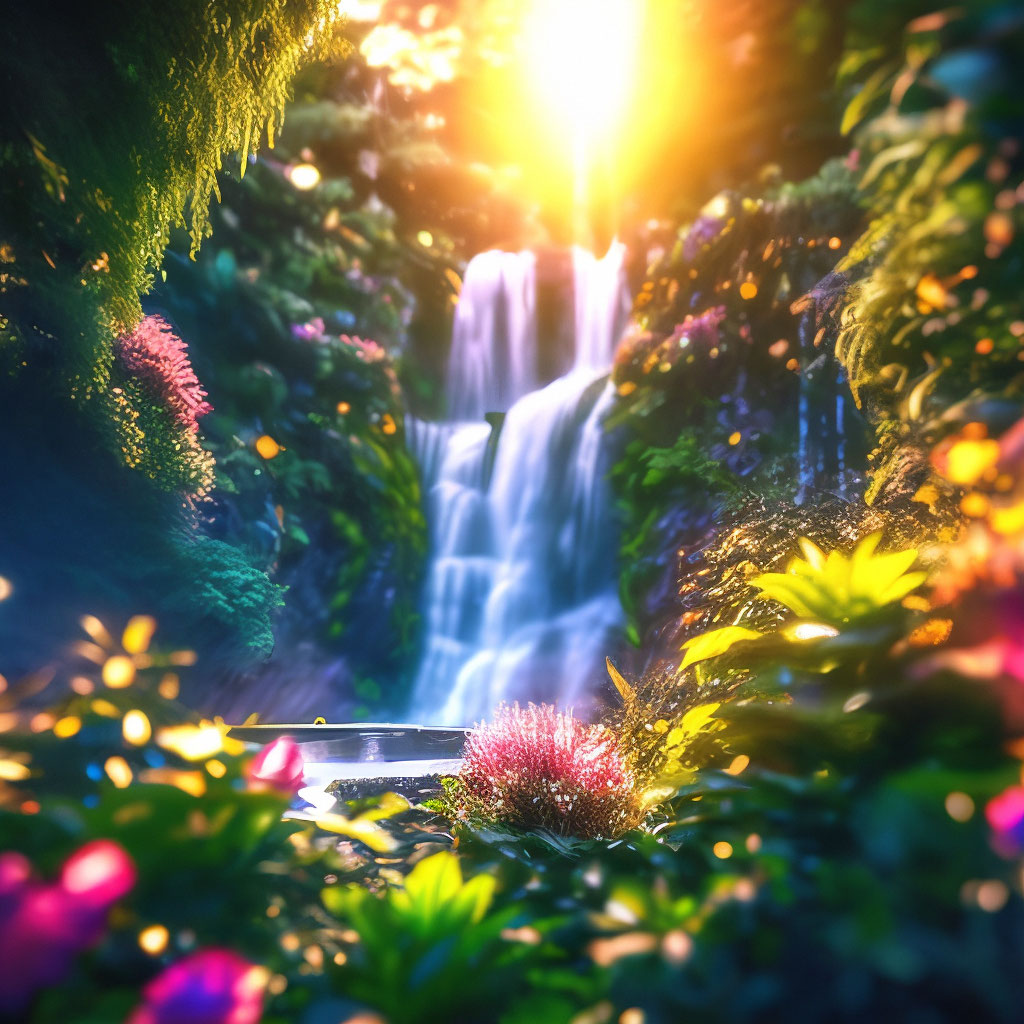 "Beautiful large waterfall, frame depth, digital art, botanical art ...