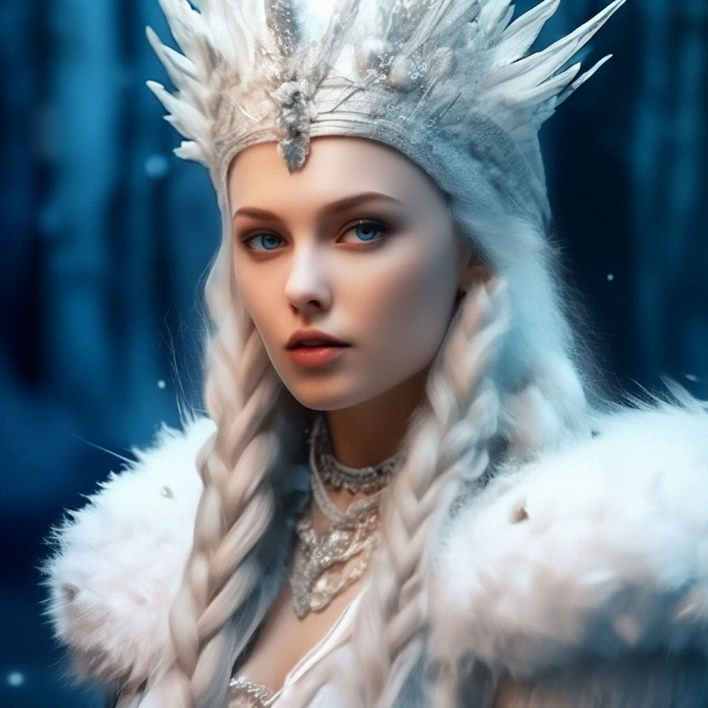 "The Snow Queen has large detailed eyes, a statuesque image, a proud ...