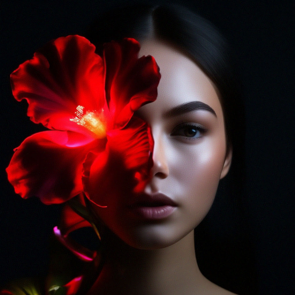 "Magnificent karkade flower on a black background neon green backlight ...