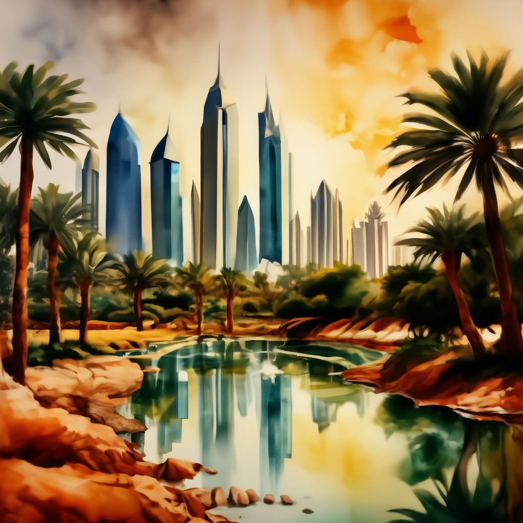 "Watercolor landscape of the UAE" — image created in Shedevrum