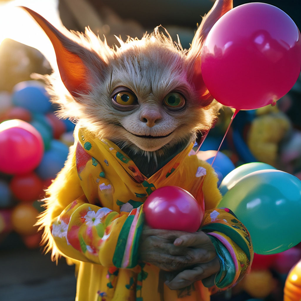"Mediumclose-up,Leica portrait of a gremlin holdingballoons ...