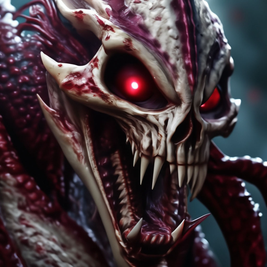 "Close-up,anthropomorphic hybrid tyranid+carnage female,horror,holding ...