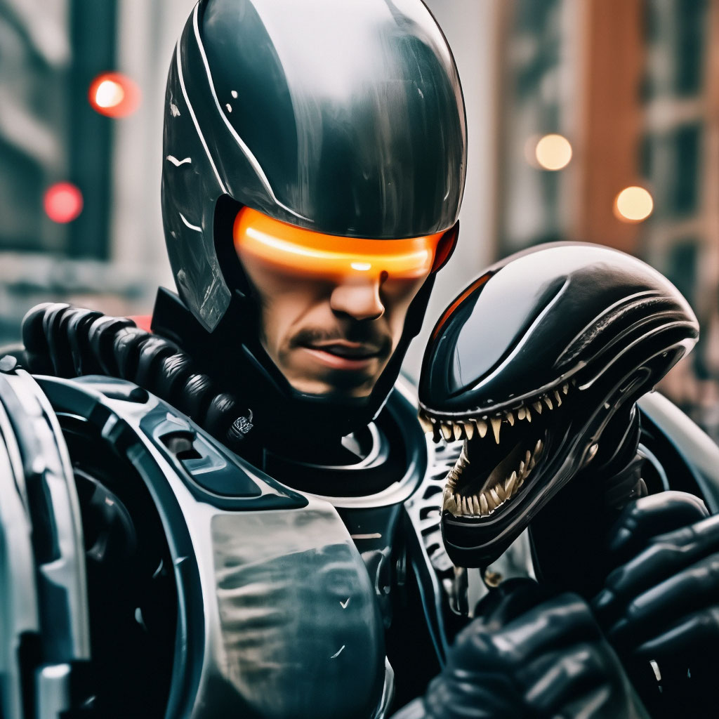"RoboCop from the movie, holding a xenomorph by the throat." — image ...