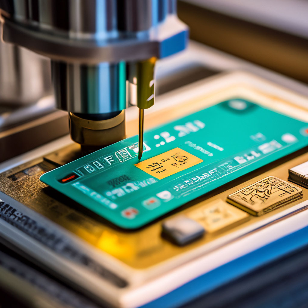 "The machine stamps the first bank plastic card" — image created in ...