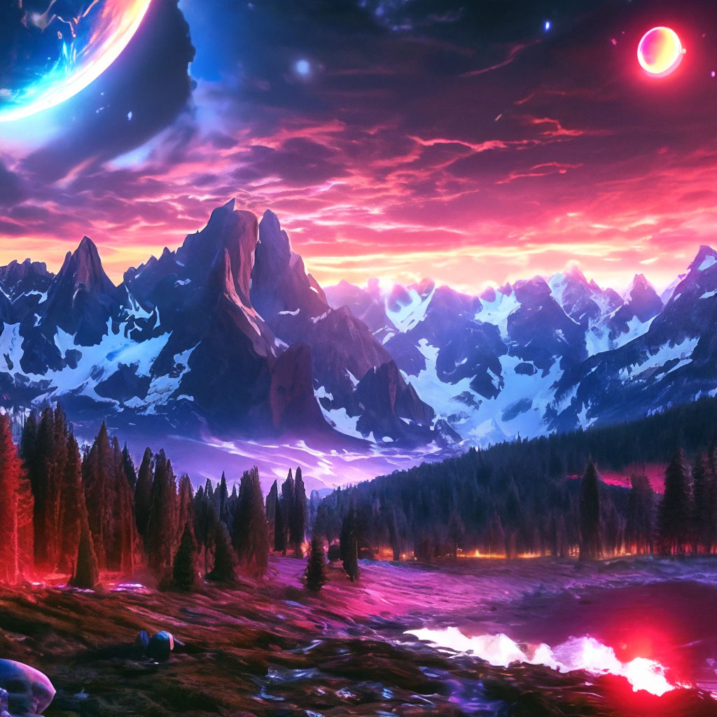 "💙💜 on an epic neon crystal screen, a fabulous landscape of mountains ...
