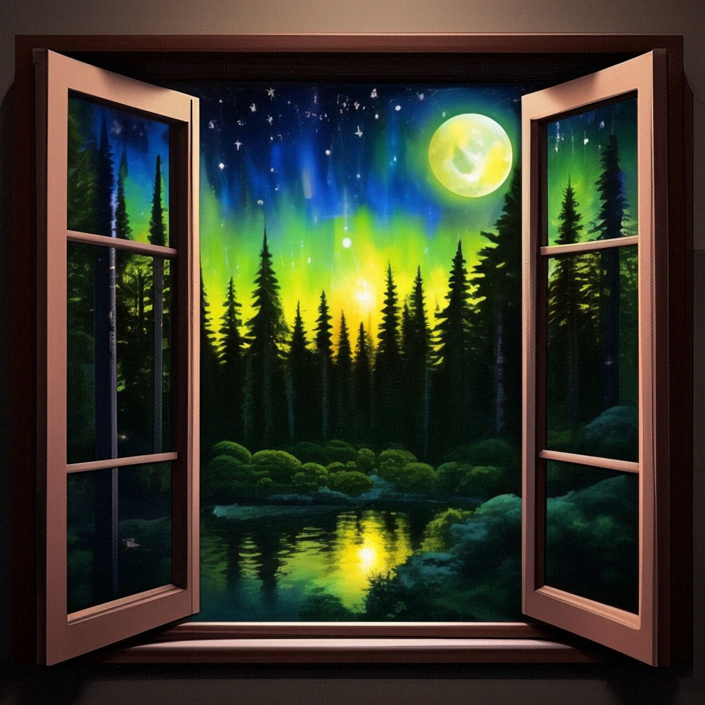 "View from an open window, night, …" — image created in Shedevrum