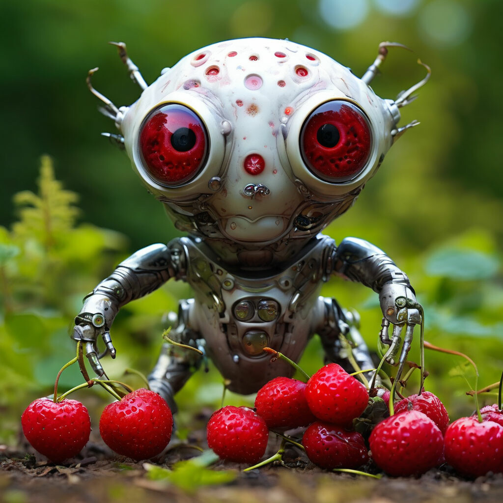 "Berry field Wild gardens of unique unusual hybrid robot+animal+elf ...