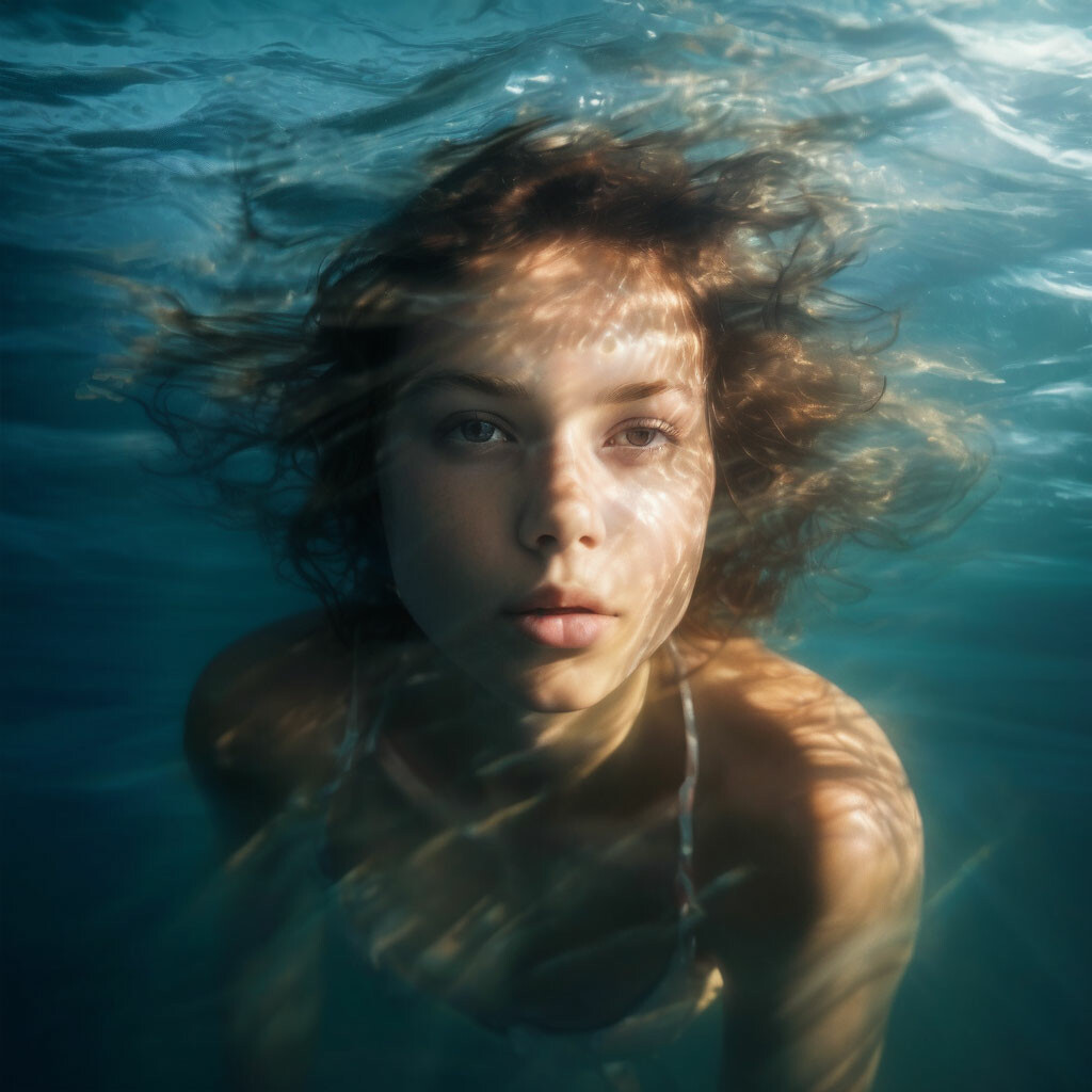 "A girl in the Pacific Ocean, top view, and inside the sea, double exposure, , aesthetically ...