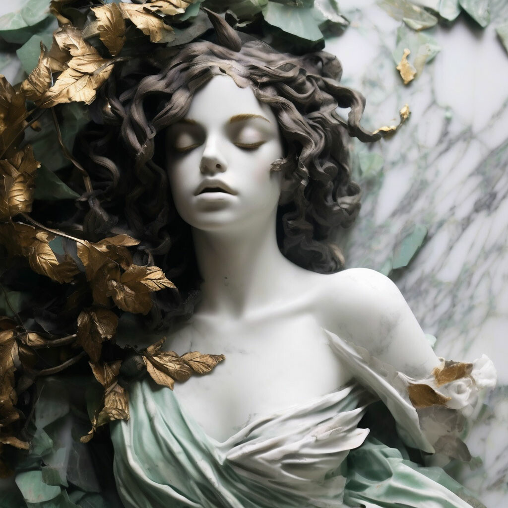 "young woman + marble, metamorphoses, leaves and vines, dark botanical ...