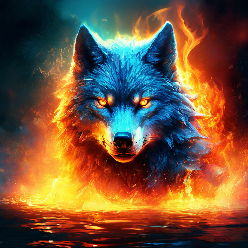 "Wolf, elements - fire and water, bright lighting" — image created in ...