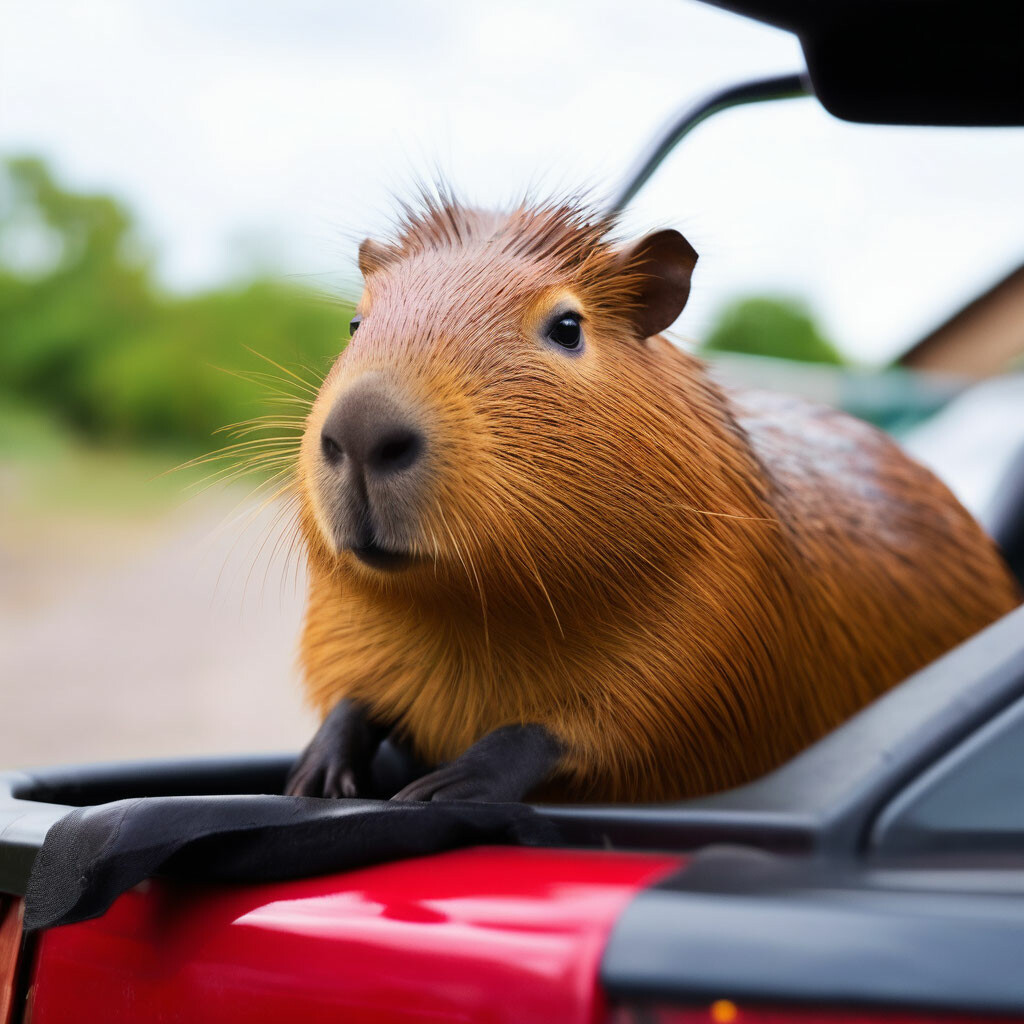 "Capibara paseos en coche" — imagen creada en Shedevrum