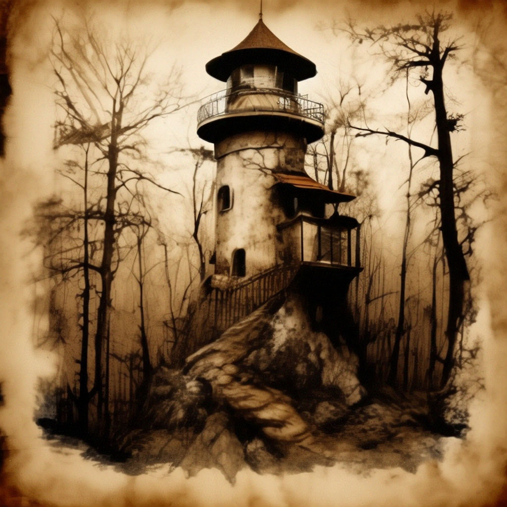 "Ink drawing on old parchment, watchtower, forest, fairytale, multi ...