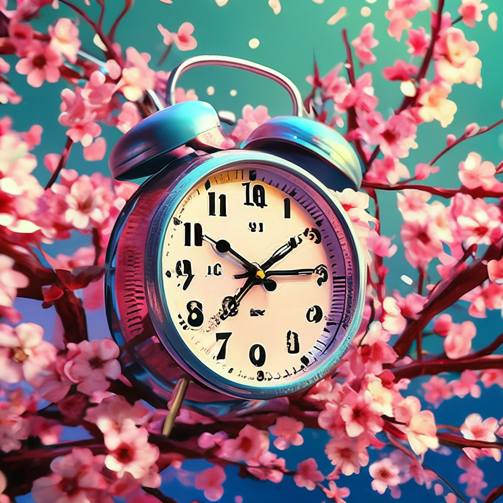 "Epic alarm clock sprouted with blooming sakura branches surrealism ...