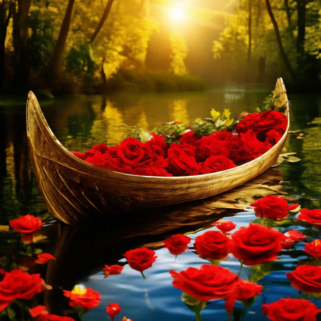 "A golden boat floats on the river, the boat is filled with red roses ...