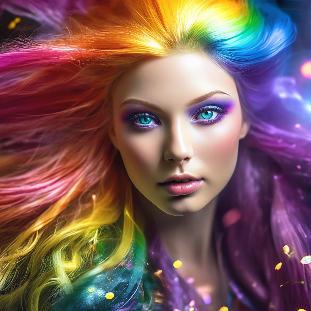 "Rainbow Explosion hairstyle, big expressive eyes FANTASY, fairy tale ...