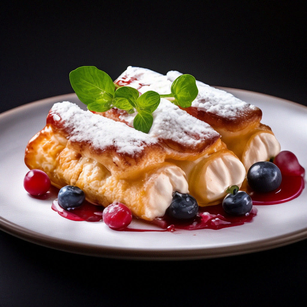 "Puff pastry tubes with cream and berries Dessert, professional photo ...