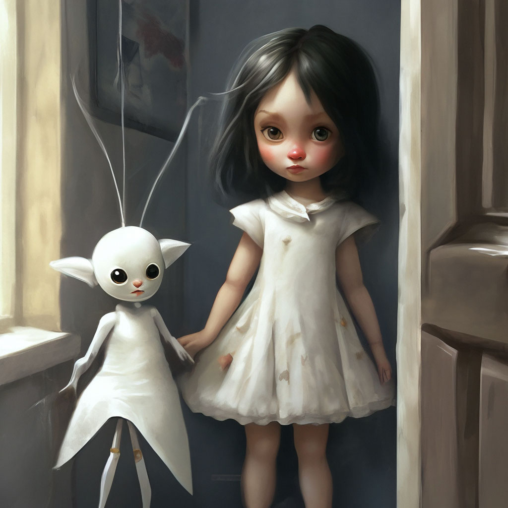 "Klemenkok ☕ A cartoon discontented, disheveled girl with a doll in the ...