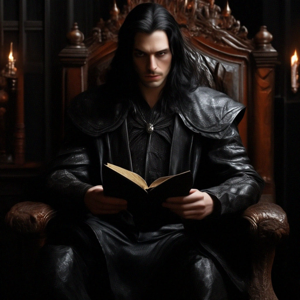 "Male necromancer, metal armor, black hair gathered in a low ponytail ...